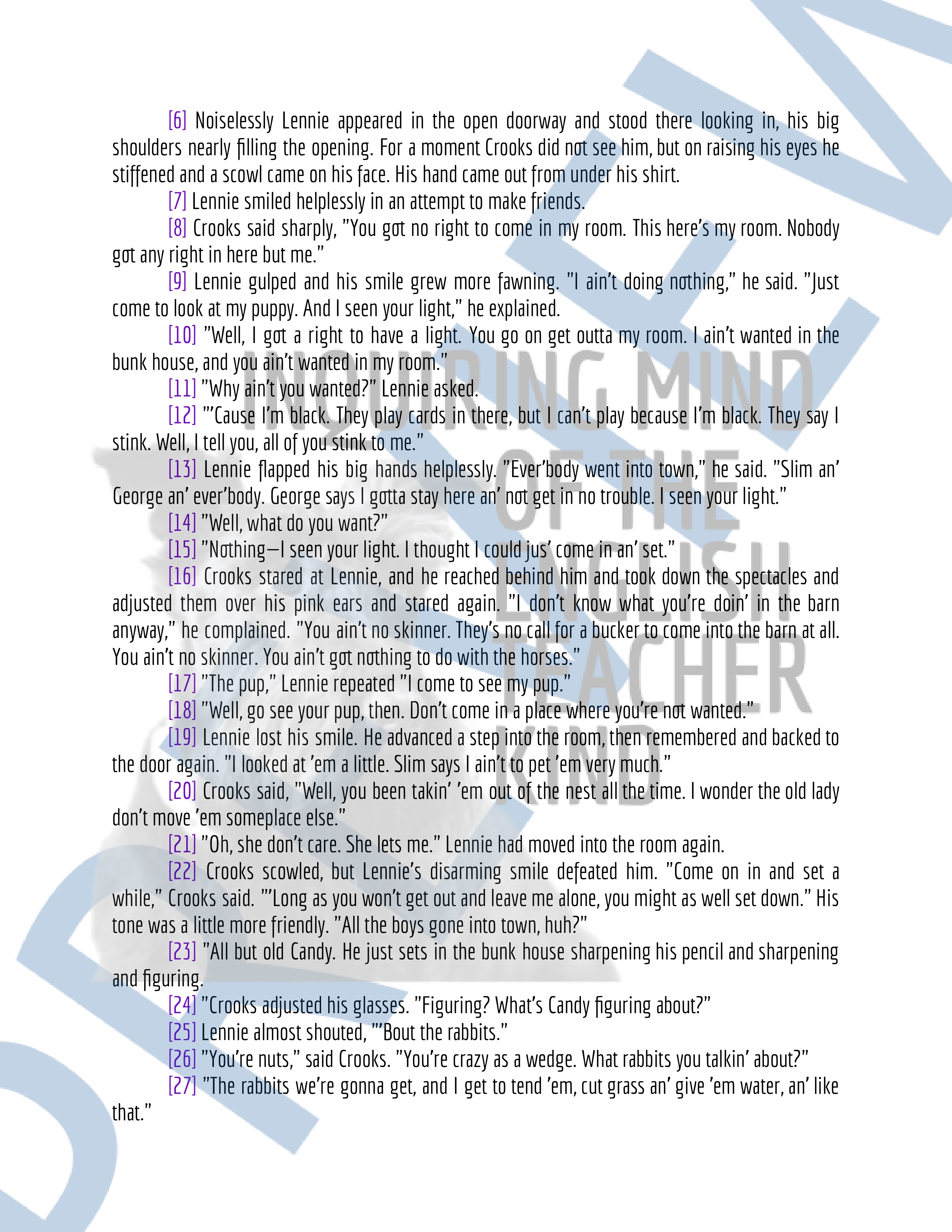 Of Mice and Men Chapter 4 Novel Analysis Worksheet | Close Reading ...