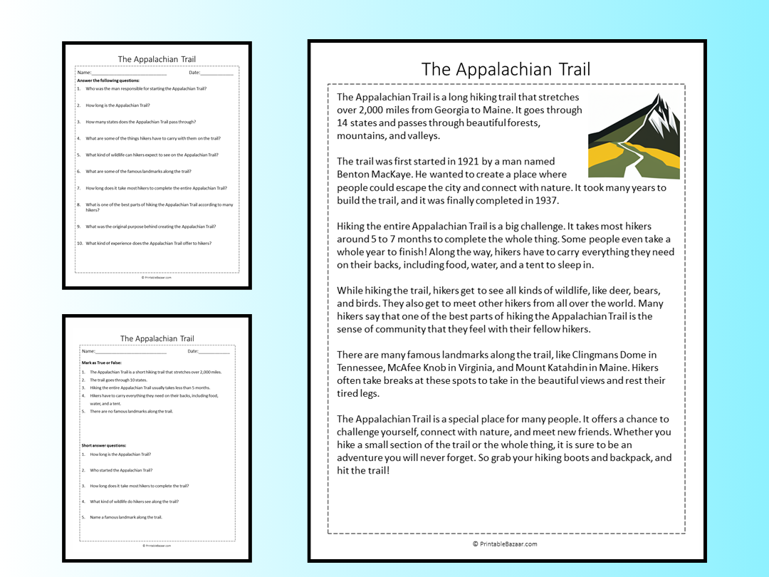 The Appalachian Trail Reading Comprehension Passage Printable Worksheet ...