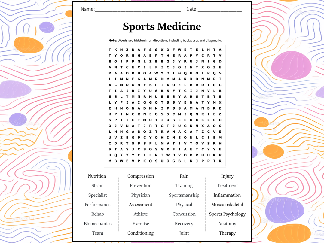 Sports Medicine Word Search Puzzle Worksheet Activity Teaching Resources
