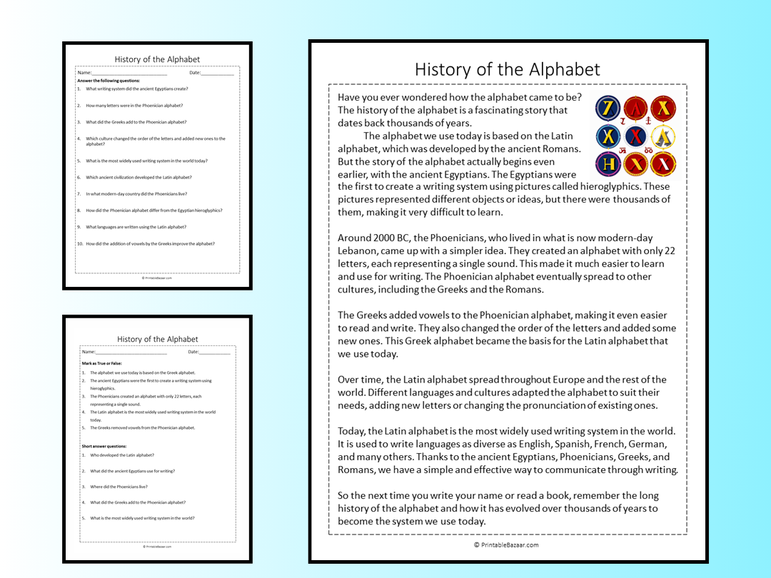History of the Alphabet Reading Comprehension Passage Printable ...