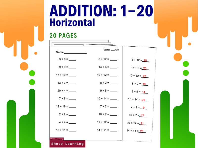 ADDITION 1-20 Worksheets Horizontal Math Practice Problems Add Numbers ...