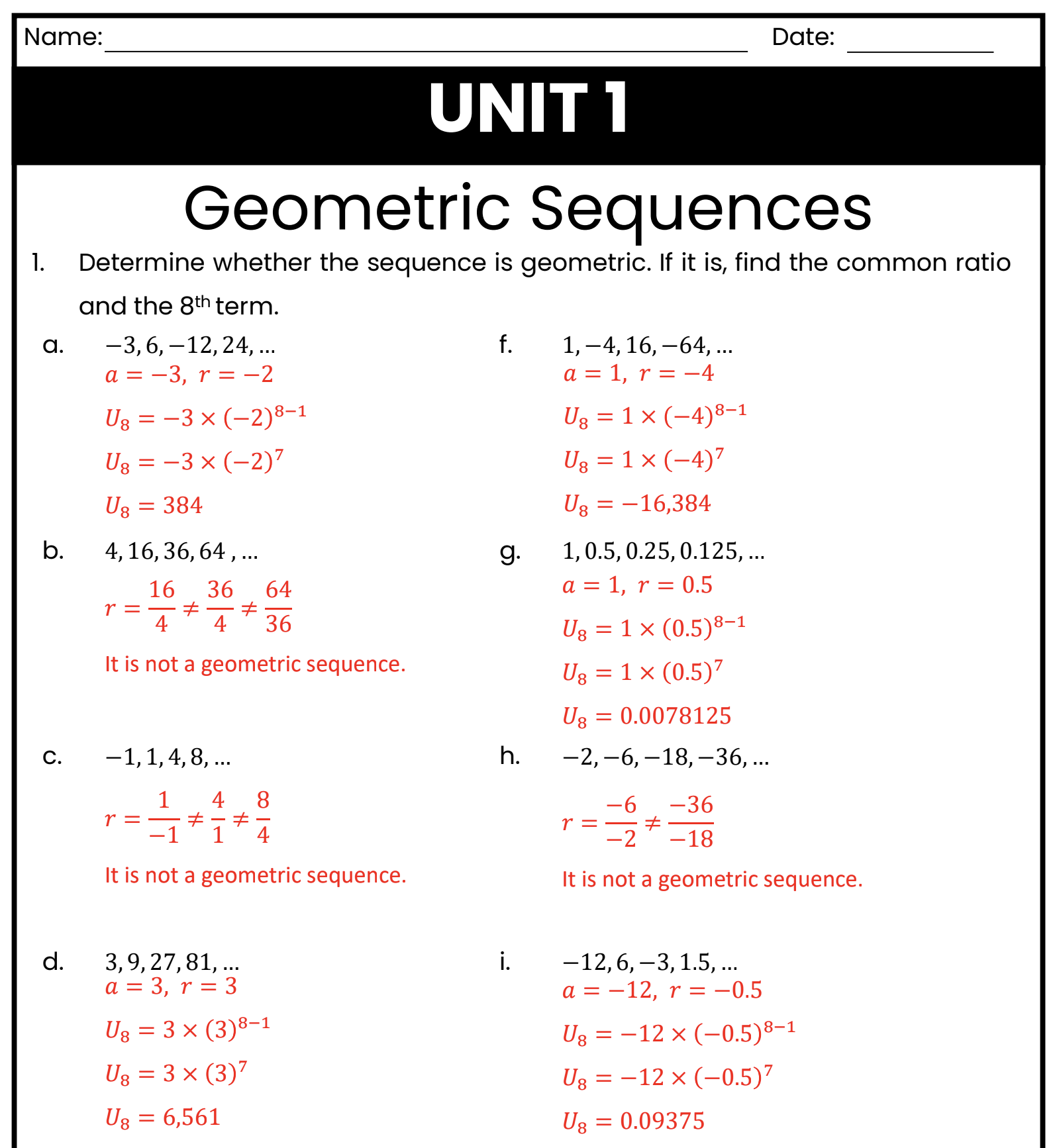 IB Math AI Worksheet 1.3 - Geometric Sequences | Teaching Resources