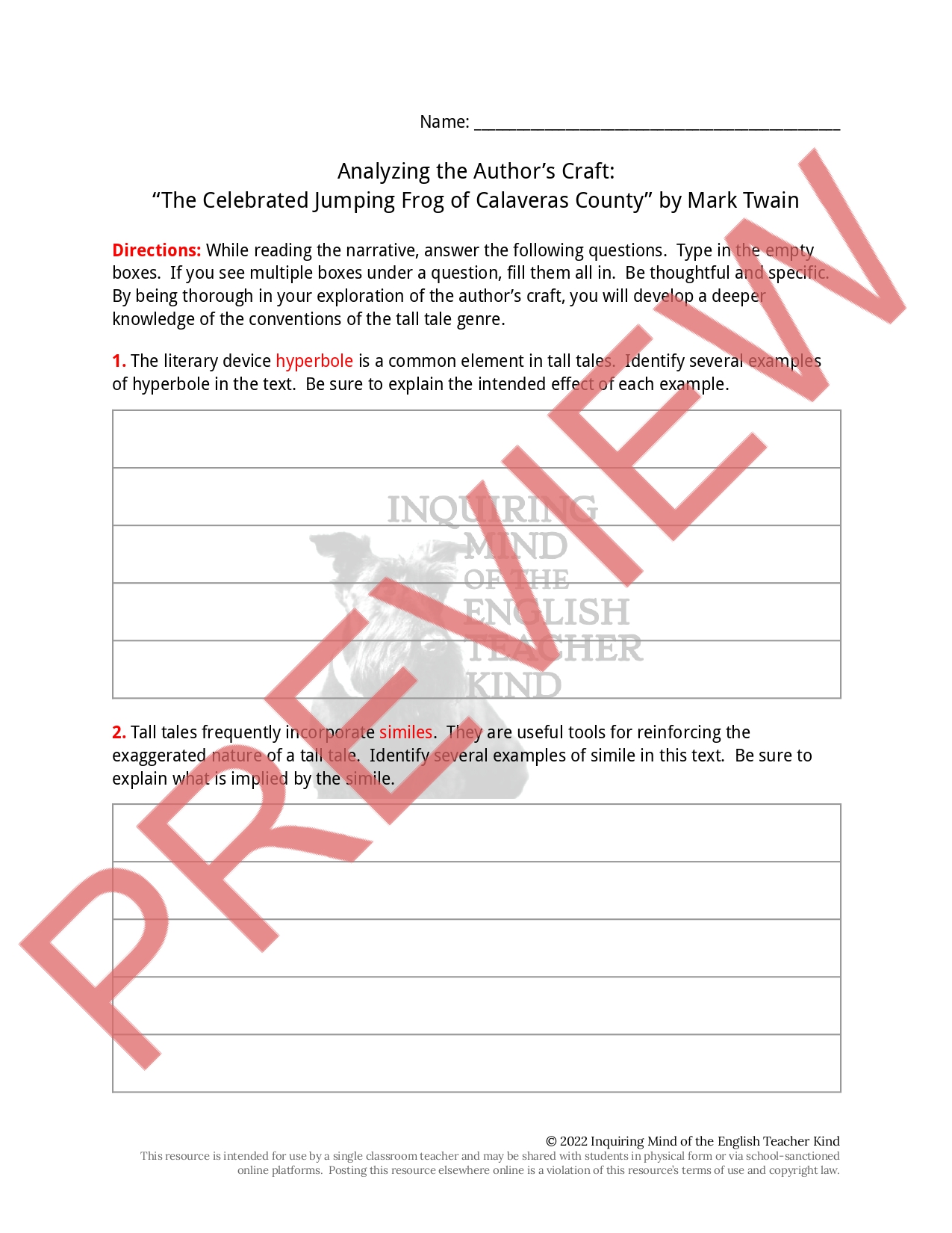 "Celebrated Jumping Frog of Calaveras County" Craft Analysis Worksheet ...