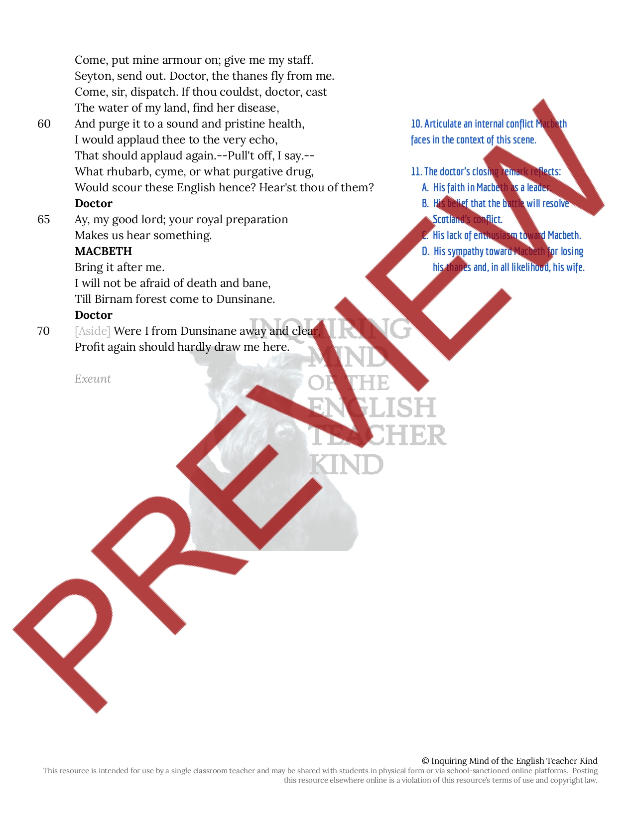 Macbeth Act 5 Scene 3 Close Reading Worksheet | Teaching Resources