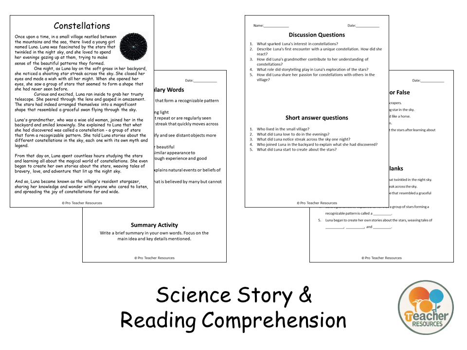 Constellations Reading Science Story Comprehension Questions Worksheet ...