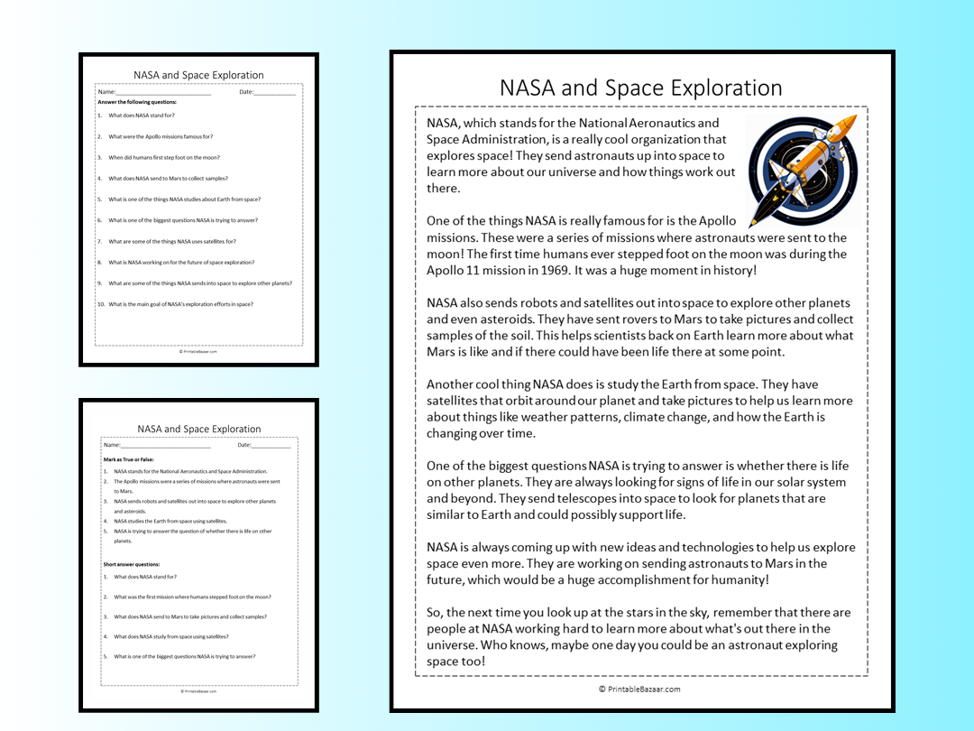 NASA and Space Exploration Reading Comprehension Passage Printable ...