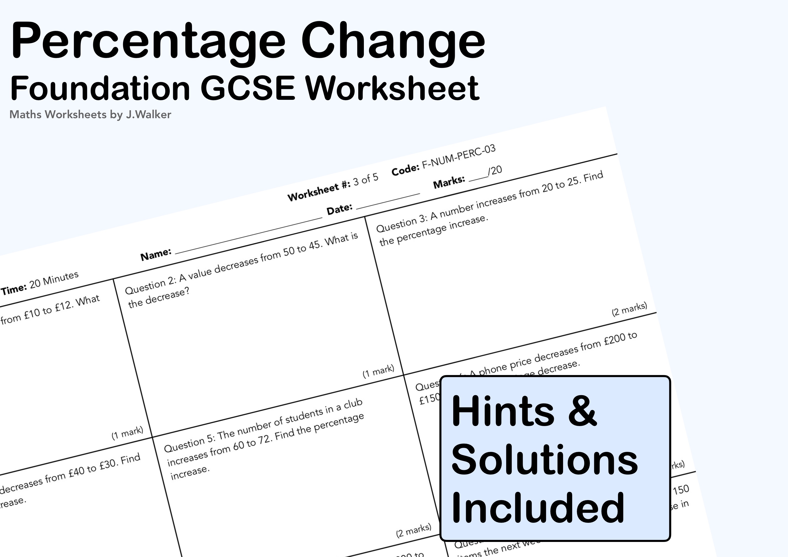 GCSE Maths Worksheet: Percentage Change - Foundation Tier | Teaching ...