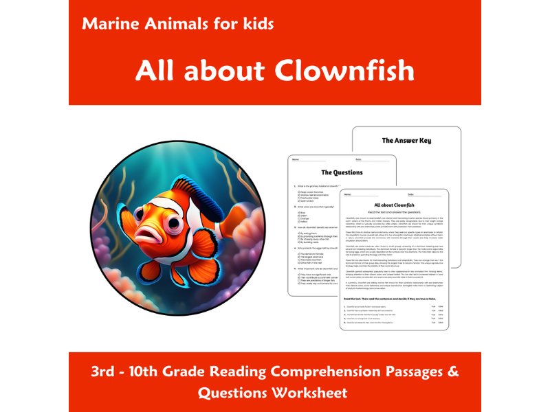 All About Clownfish Reading Comprehension Passages & Questions ...