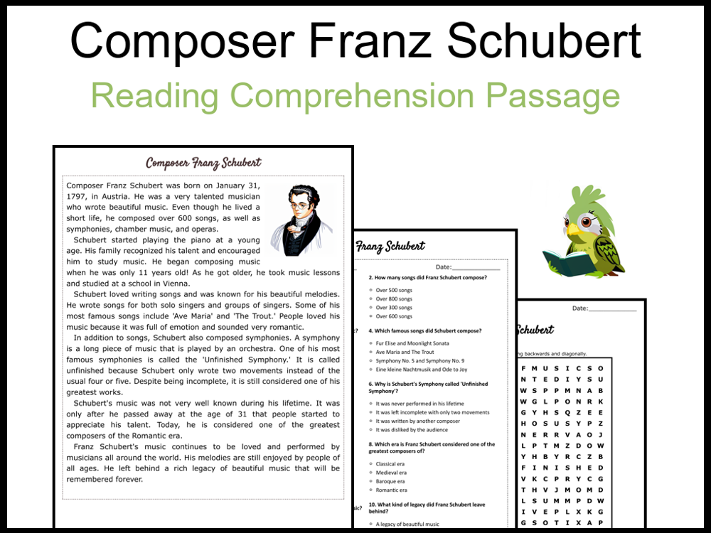 Composer Franz Schubert Reading Comprehension and Word Search ...