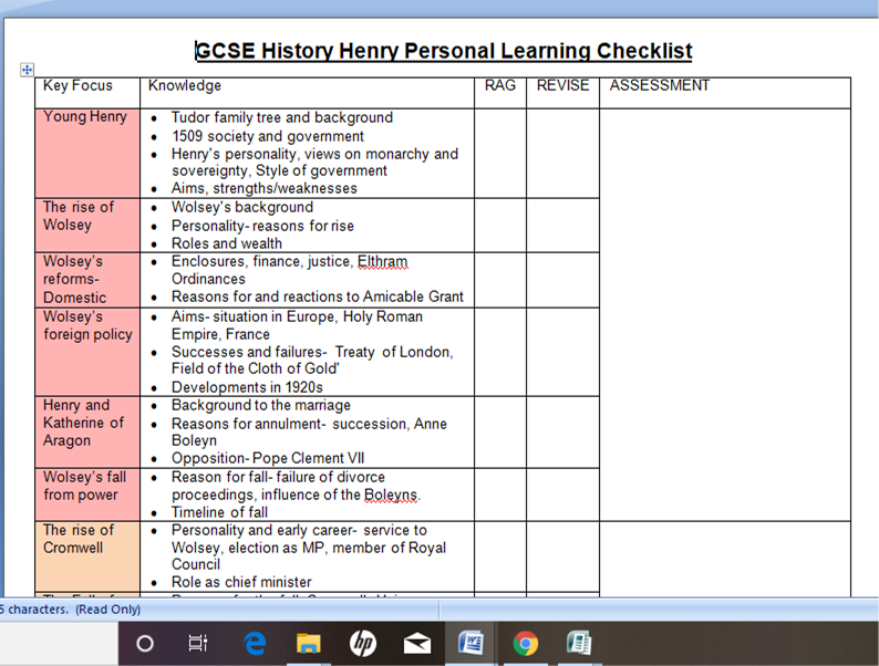 GCSE edexcel Henry VIII and his Ministers PLC checklist review ...