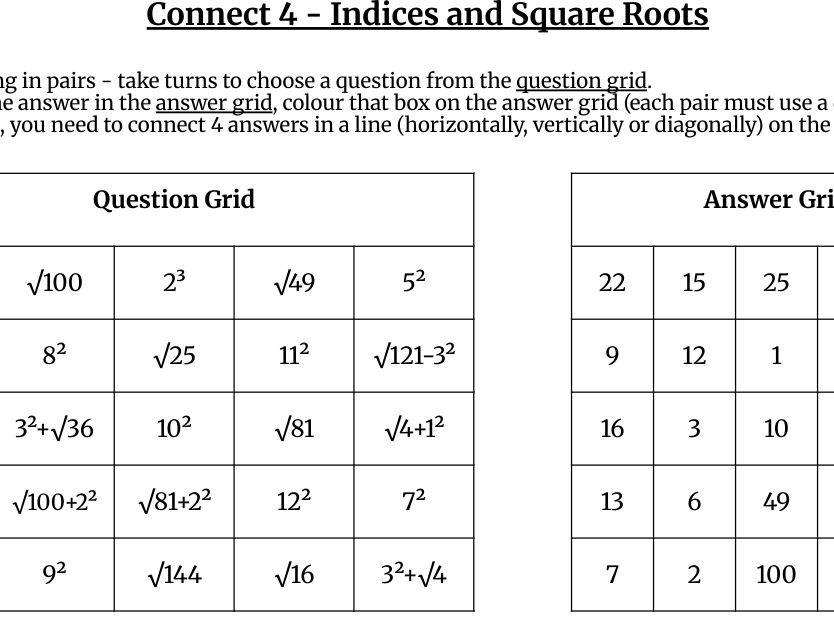 Connect 4 - Indices and square root | Teaching Resources