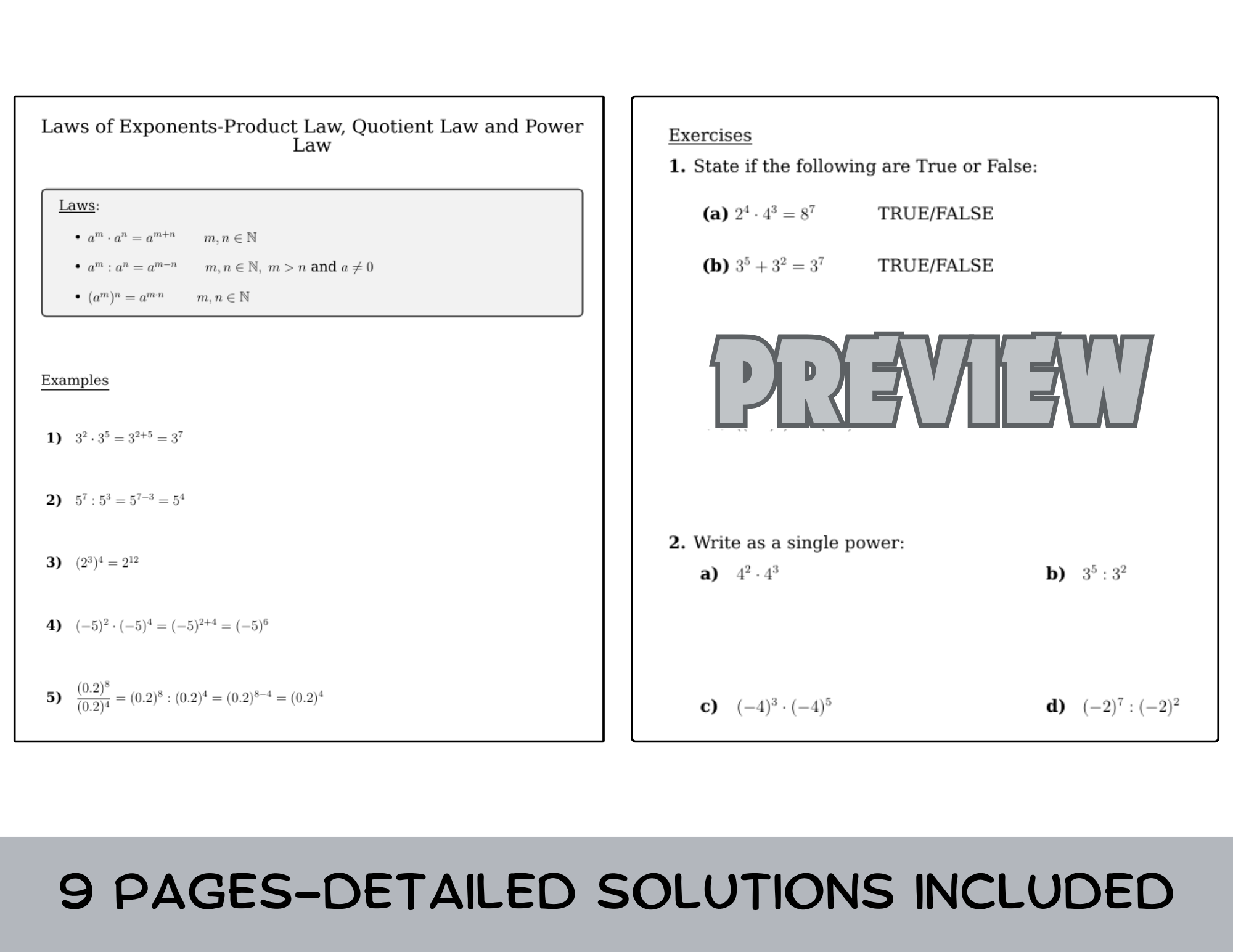 Laws of Exponents-Product Law, Quotient Law and Power Law Worksheet | Teaching Resources