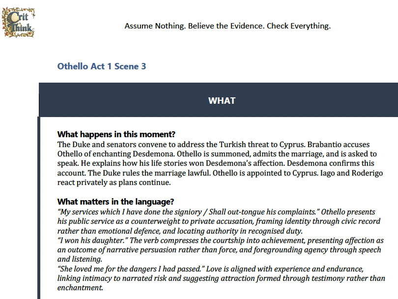 Othello Act 1 Scene 3 – Crit Think Teacher Resource (GCSE) | Teaching ...