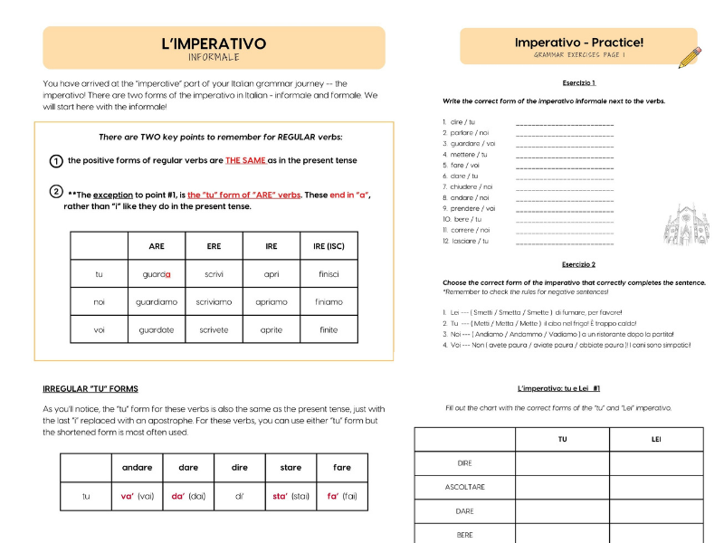 Italian Imperativo Verbs - Imperativo Worksheets + Reference and ...