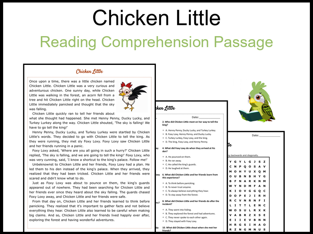 Chicken Little Reading Comprehension and Word Search | Teaching Resources