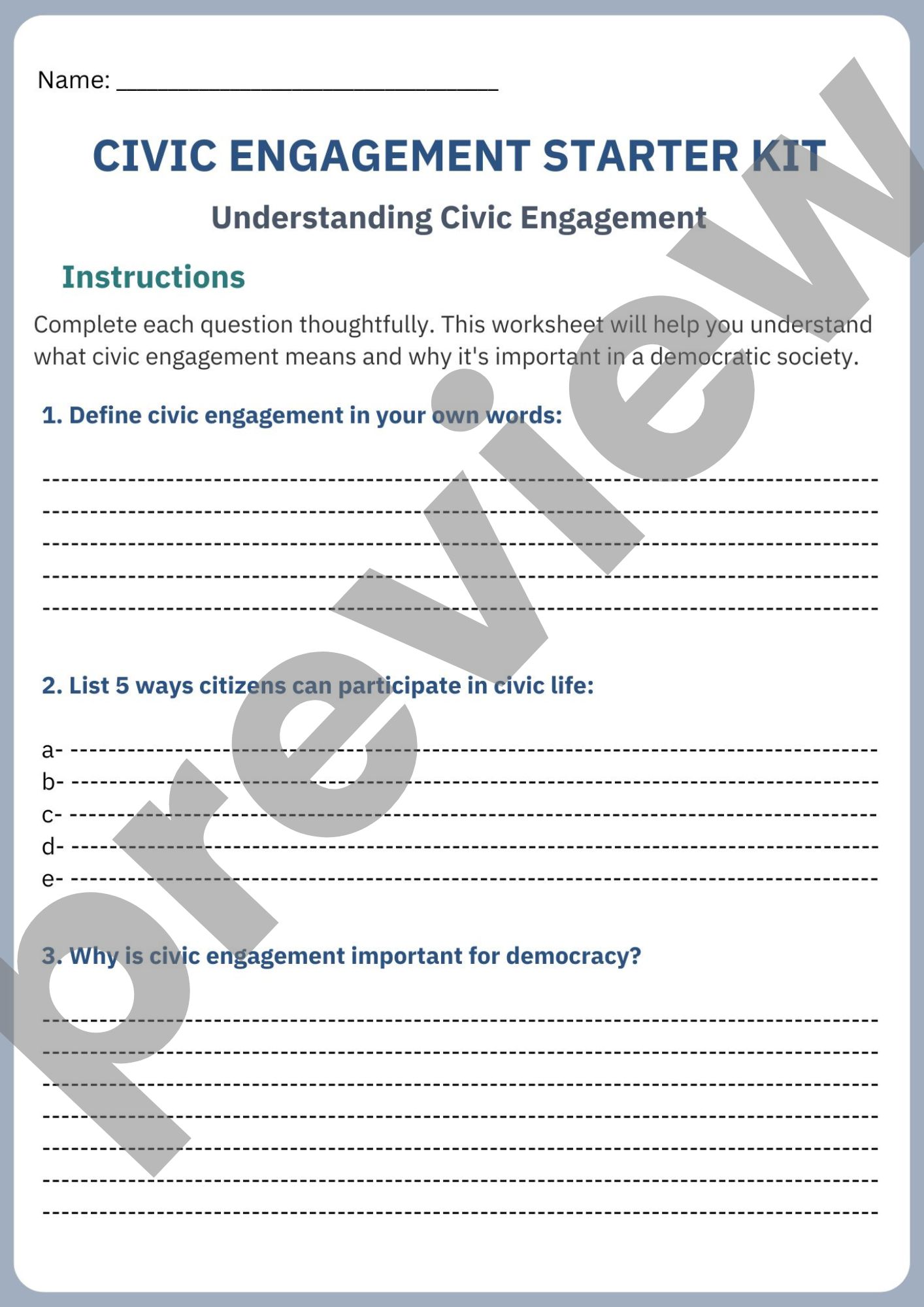Understanding Civic Engagement - High School Social Studies Worksheet ...