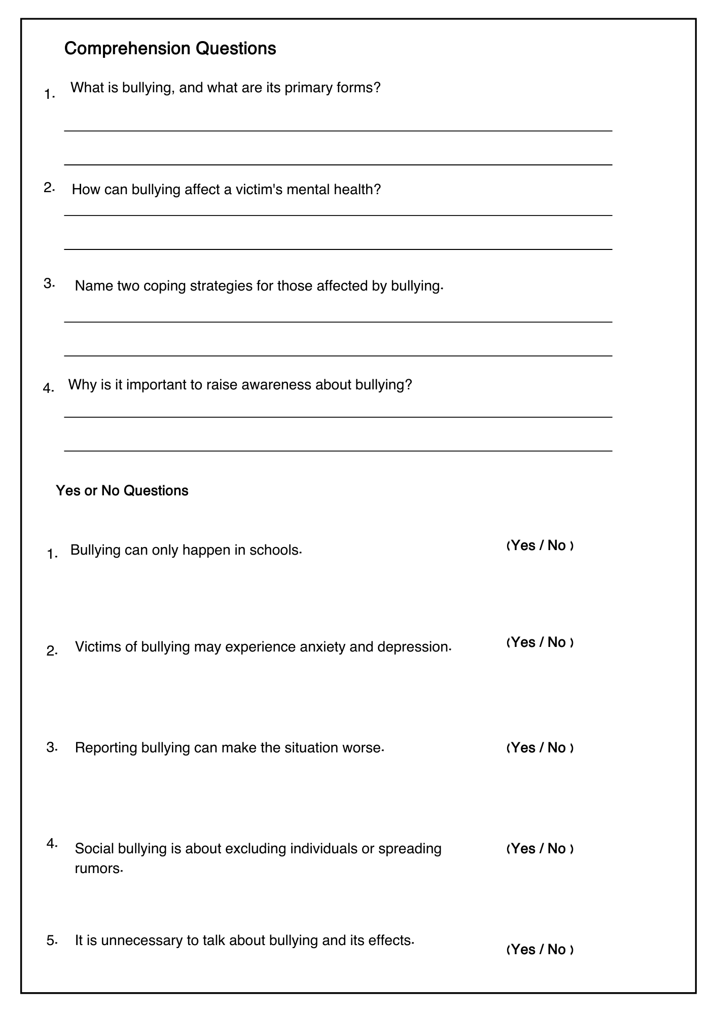 Bullying and Its Psychological Effects Reading Comprehension Passages ...