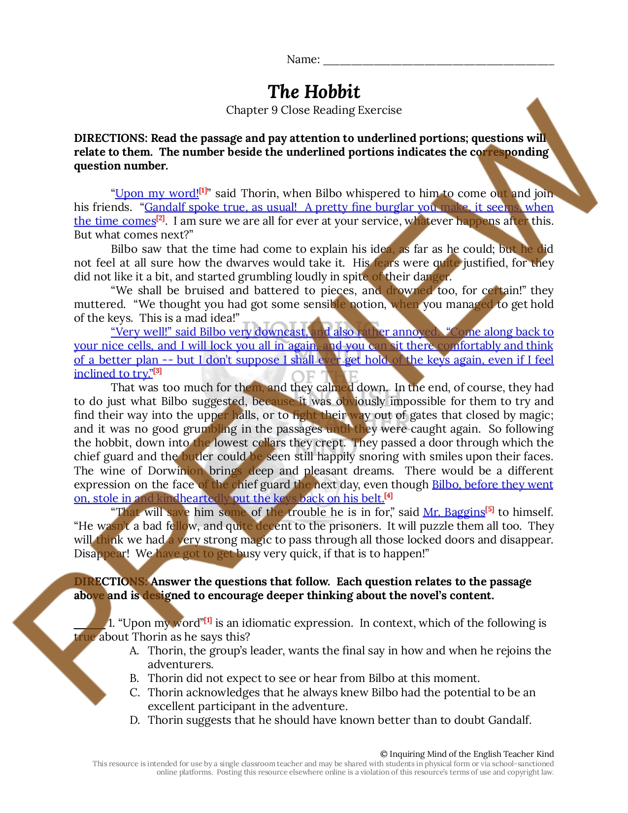 The Hobbit Close Reading Worksheet - Chapter 9 | Teaching Resources