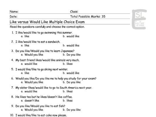 Like versus Would Like Multiple Choice Exam | Teaching Resources
