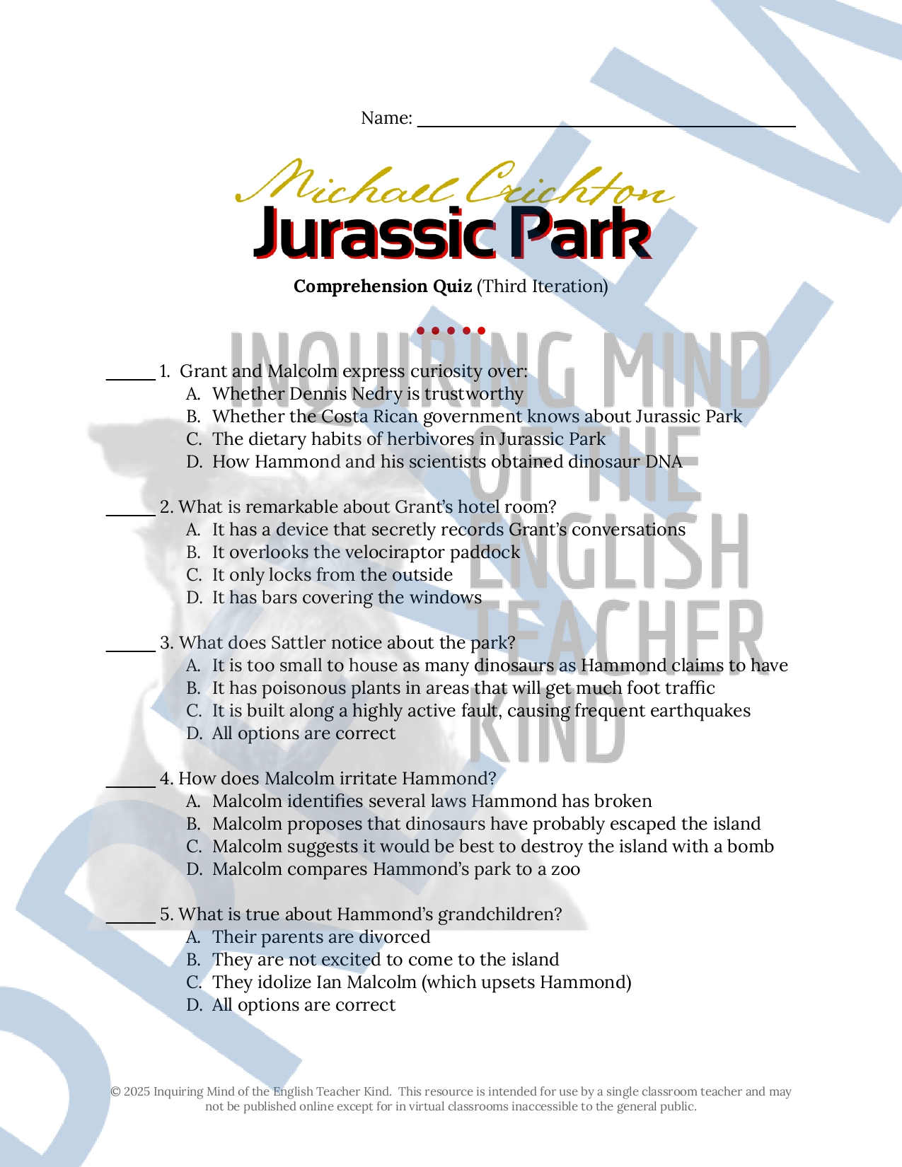 Jurassic Park by Michael Crichton Third Iteration Quiz and Answer Key ...