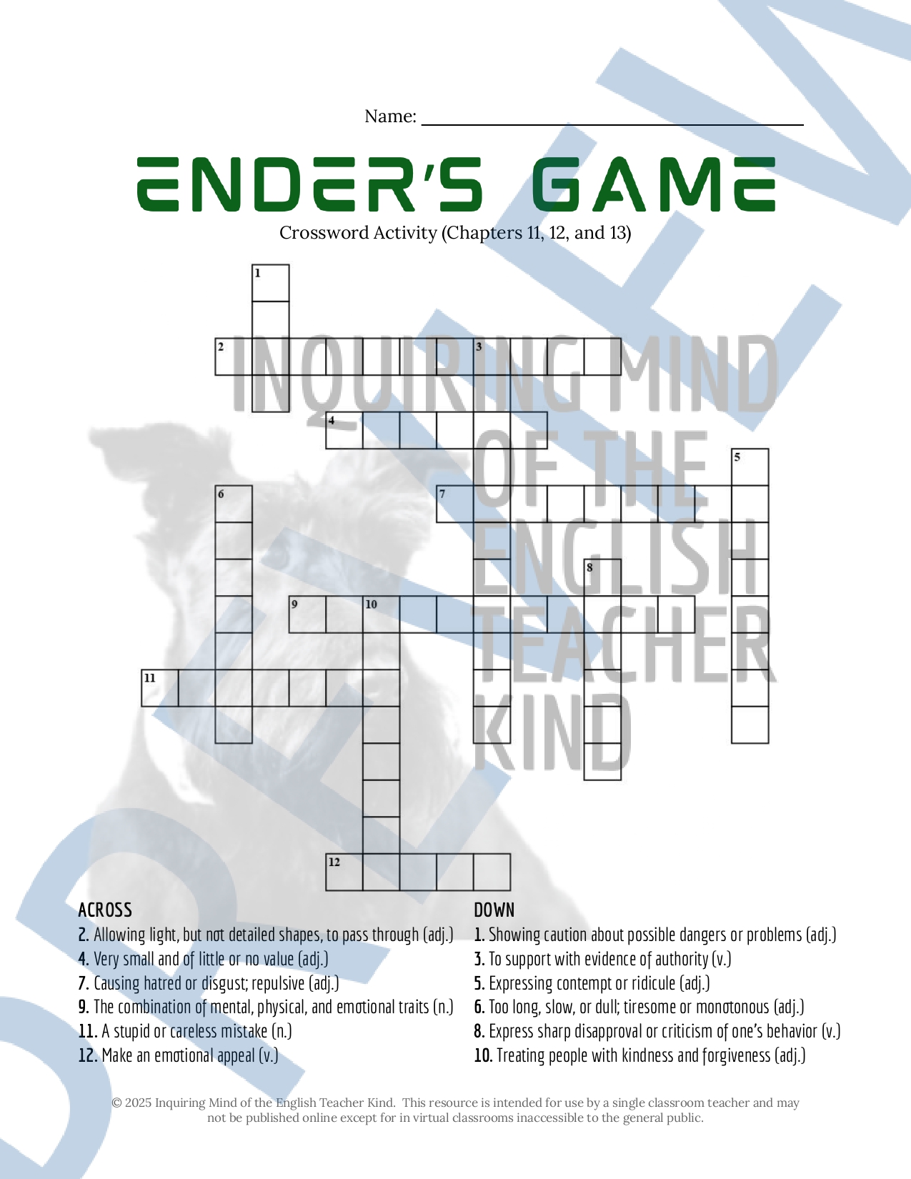 Ender's Game Chapters 11, 12, and 13 Vocabulary Games and Activities ...