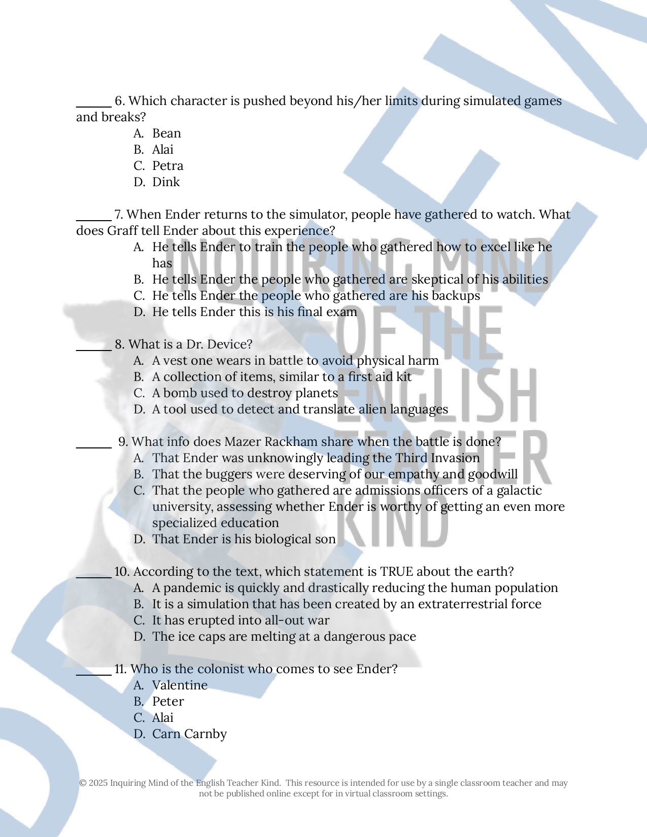 Ender's Game Chapters 14 and 15 Quiz and Answer Key | Teaching Resources