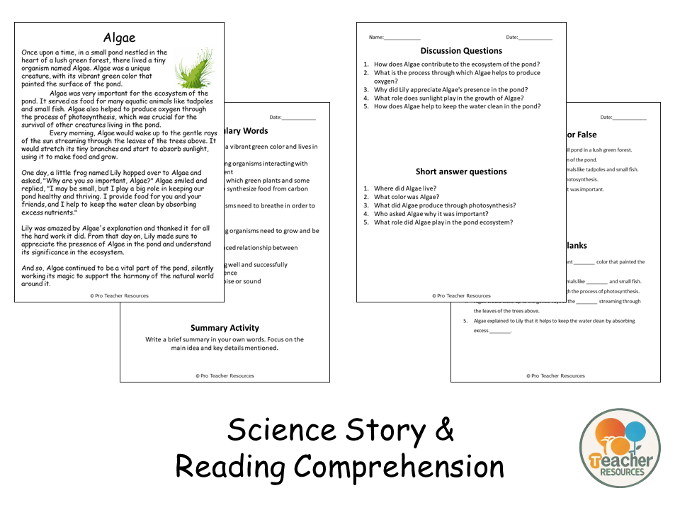 Algae Reading Science Story Comprehension Questions Worksheet ...