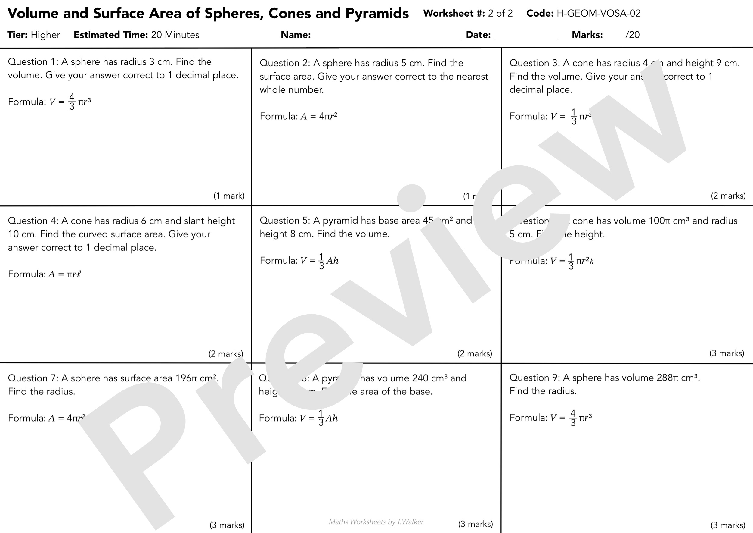 GCSE Maths Worksheet: Volume and Surface Area of Spheres, Cones and ...
