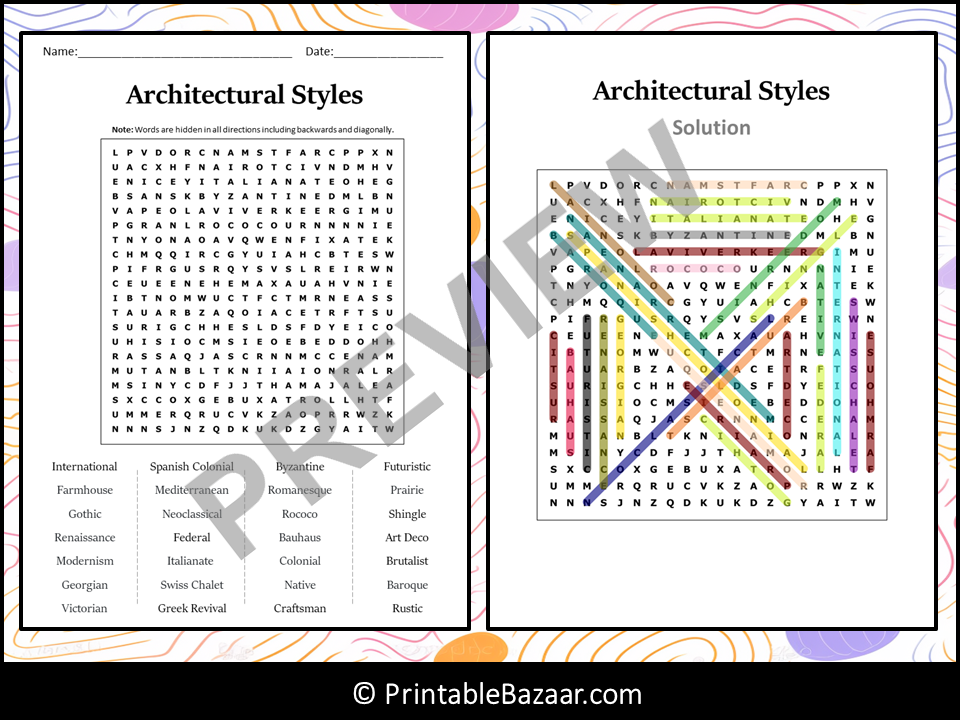 Architectural Styles Word Search Puzzle Worksheet Activity | Teaching ...