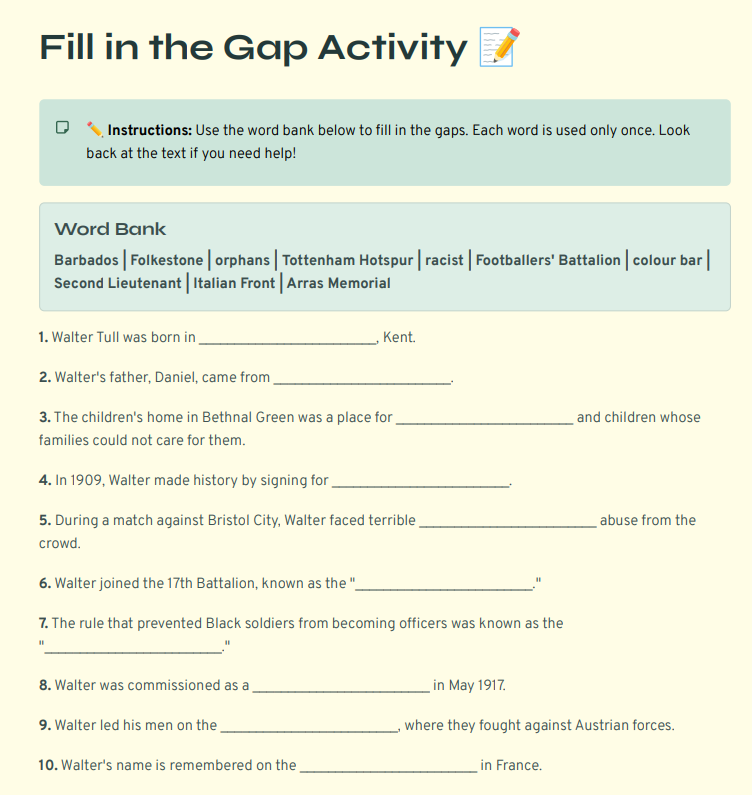 Walter Tull Reading Comprehension & Activities Pack (Year 5–6) | Black ...