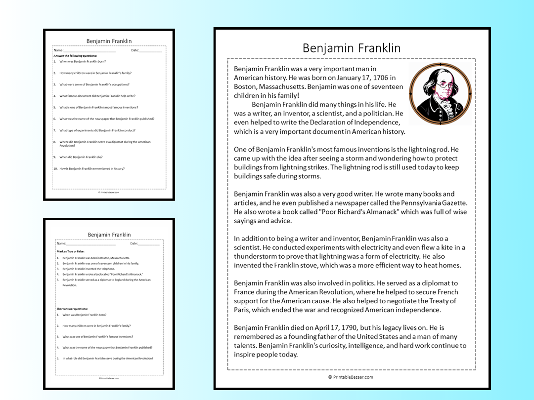 Benjamin Franklin Reading Comprehension Passage Printable Worksheet ...