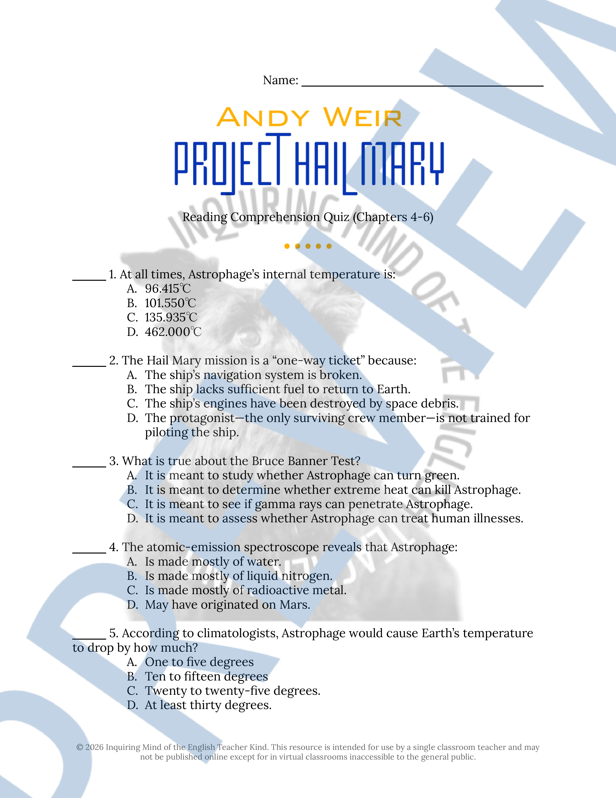 Project Hail Mary Chapters 4, 5, and 6 Quiz and Answer Key | Science ...