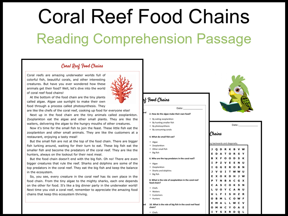 Coral Reef Food Chains Reading Comprehension and Word Search | Teaching ...