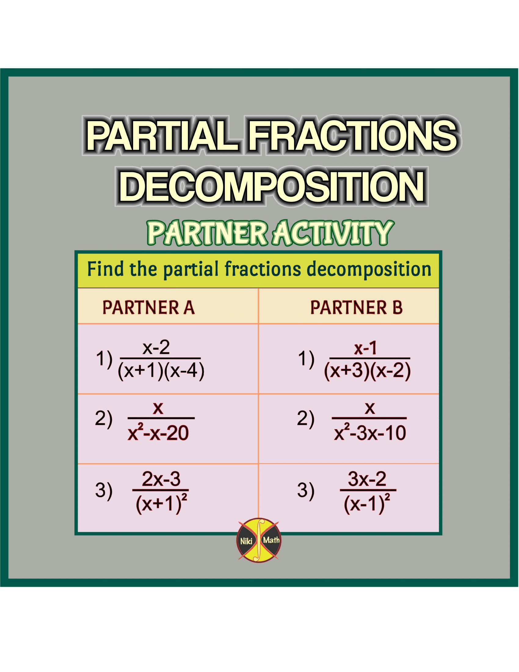 Partial Fractions Decomposition Partner Activity 16 Problems