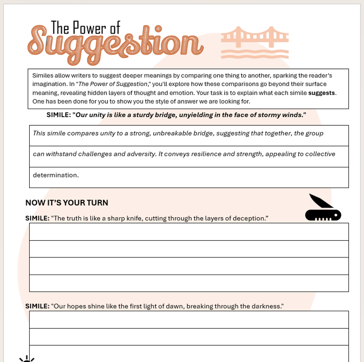 Explaining and Analysing Similes – 10 Do Now Worksheets for GCSE ...