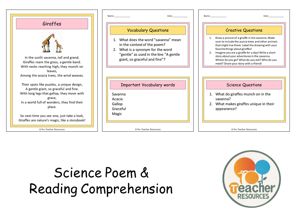 Giraffes Poem Reading Comprehension Questions Worksheet | Teaching ...