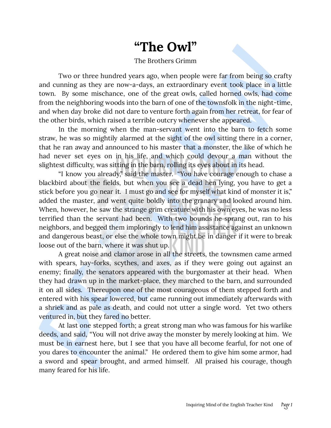 "The Owl" by the Brothers Grimm Quiz and Answer Key | Teaching Resources