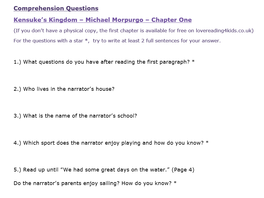 11+ Comprehension Practise - Kensuke's Kingdom - Michael Morpurgo ...