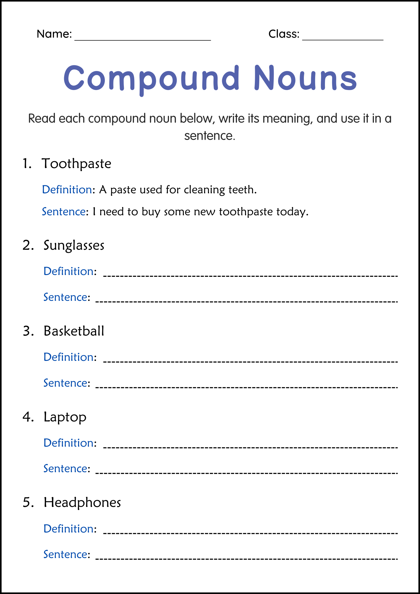 Printable Compound Nouns Grammar Activity Worksheets for Grade 4, 5, 6 ...