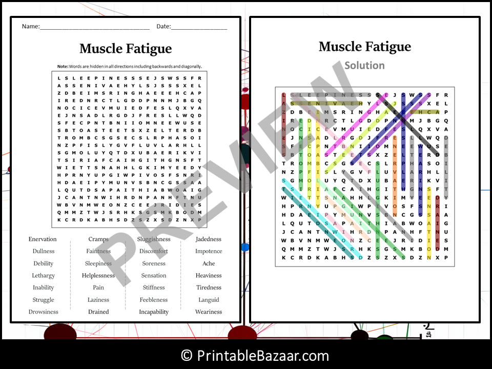 Muscle Fatigue Word Search Puzzle Worksheet Activity | Teaching Resources