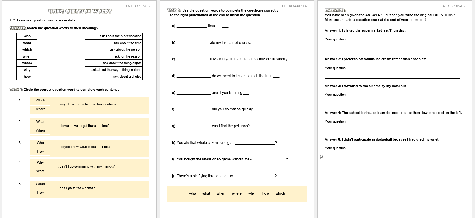 Super SPAG - English - Using Question Words - Activity Worksheets ...