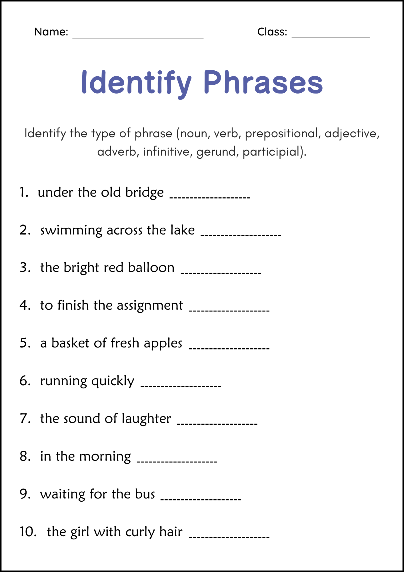 Phrases and Clauses Grammar Worksheets for Grade 1, 2, 3 | Teaching ...