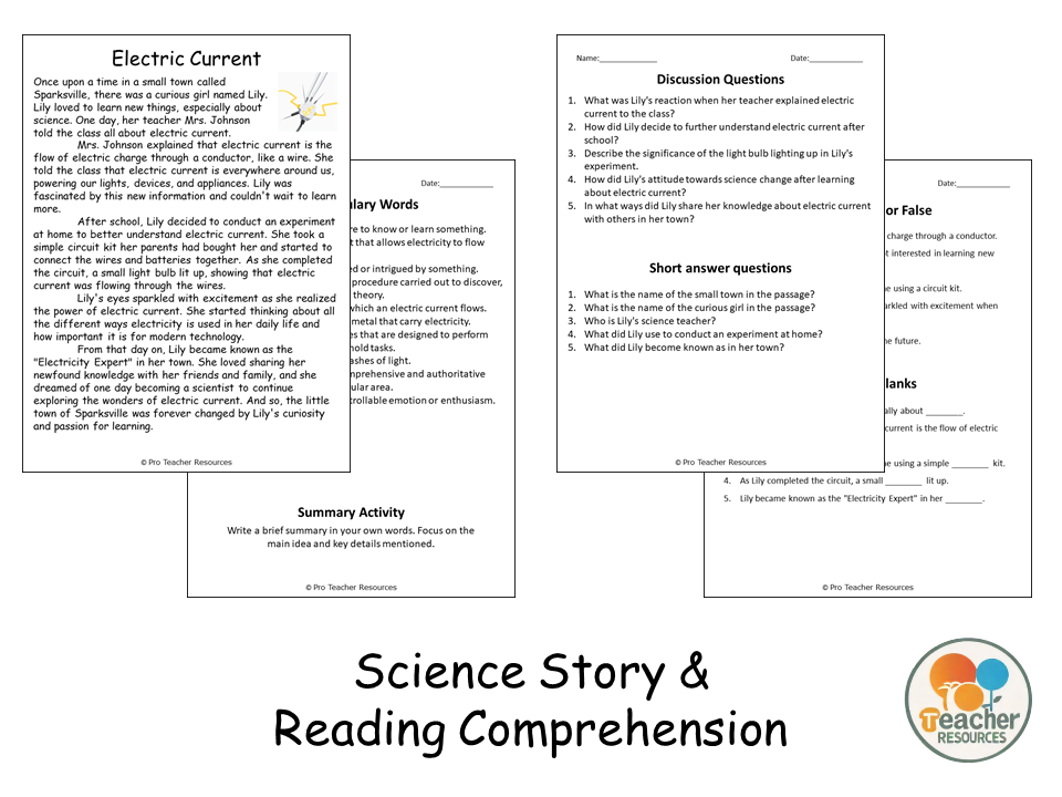 Electric Current Reading Science Story Comprehension Questions ...