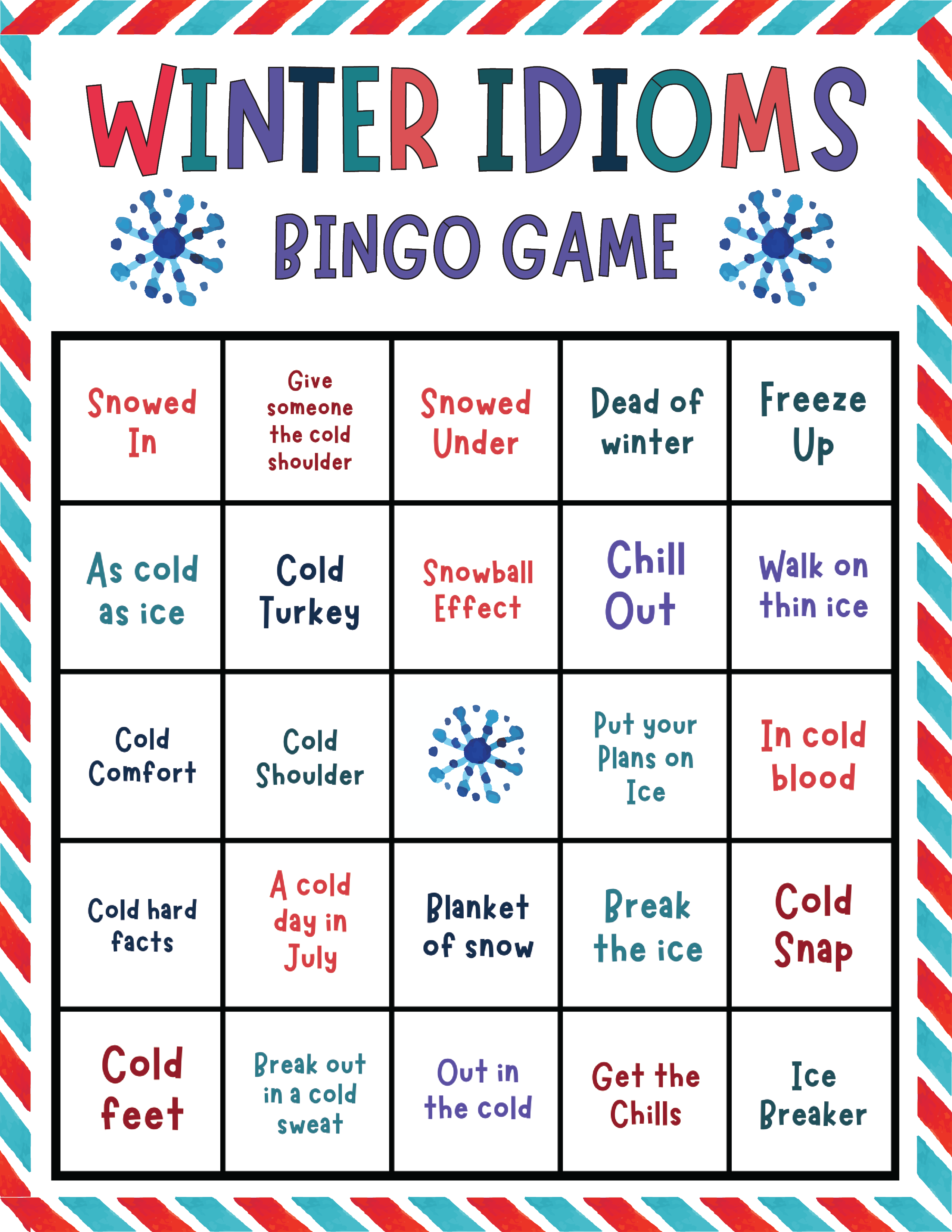 No Prep Winter Idioms Bingo | Fun Holiday ELA Figurative Language ...