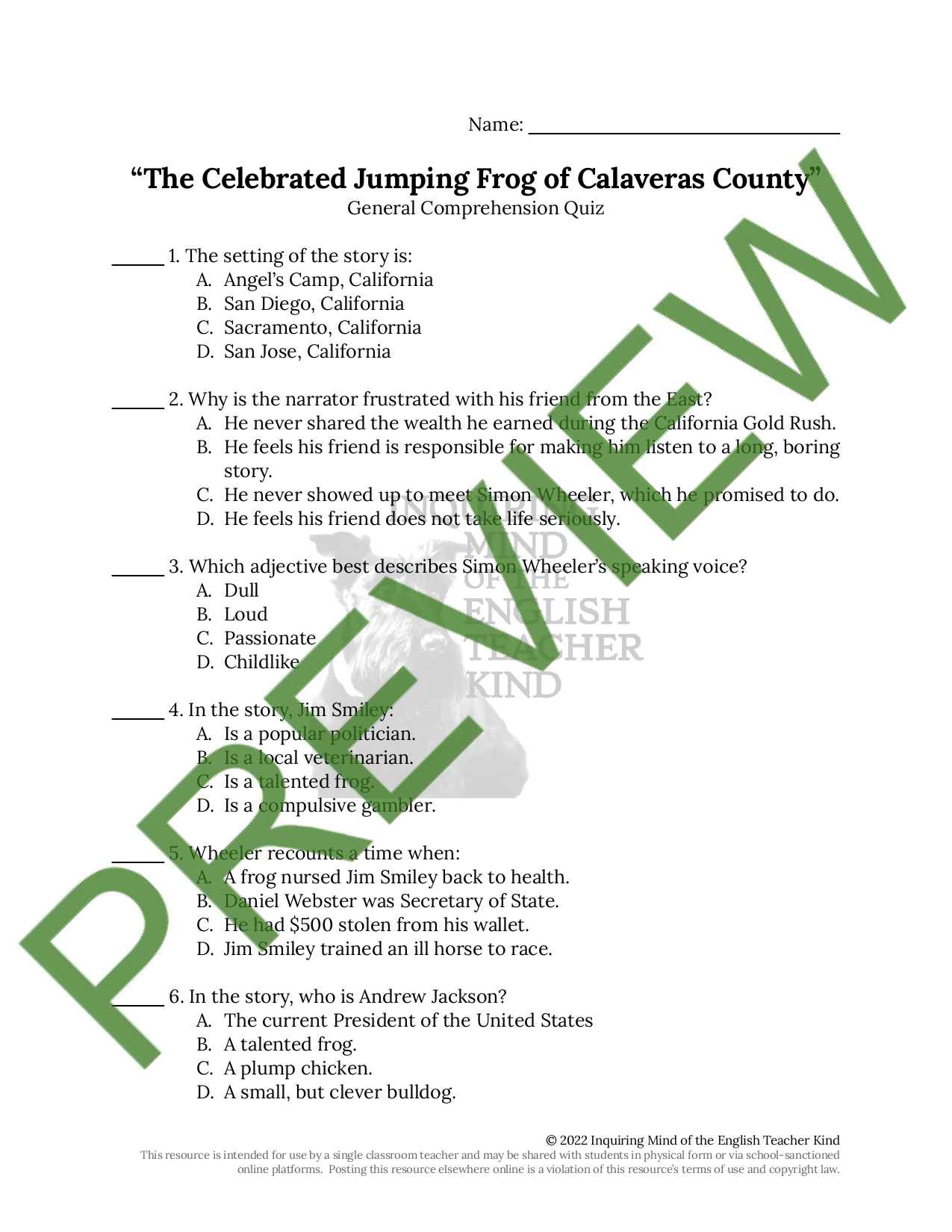 "The Celebrated Jumping Frog" by Mark Twain Quiz and Answer Key ...