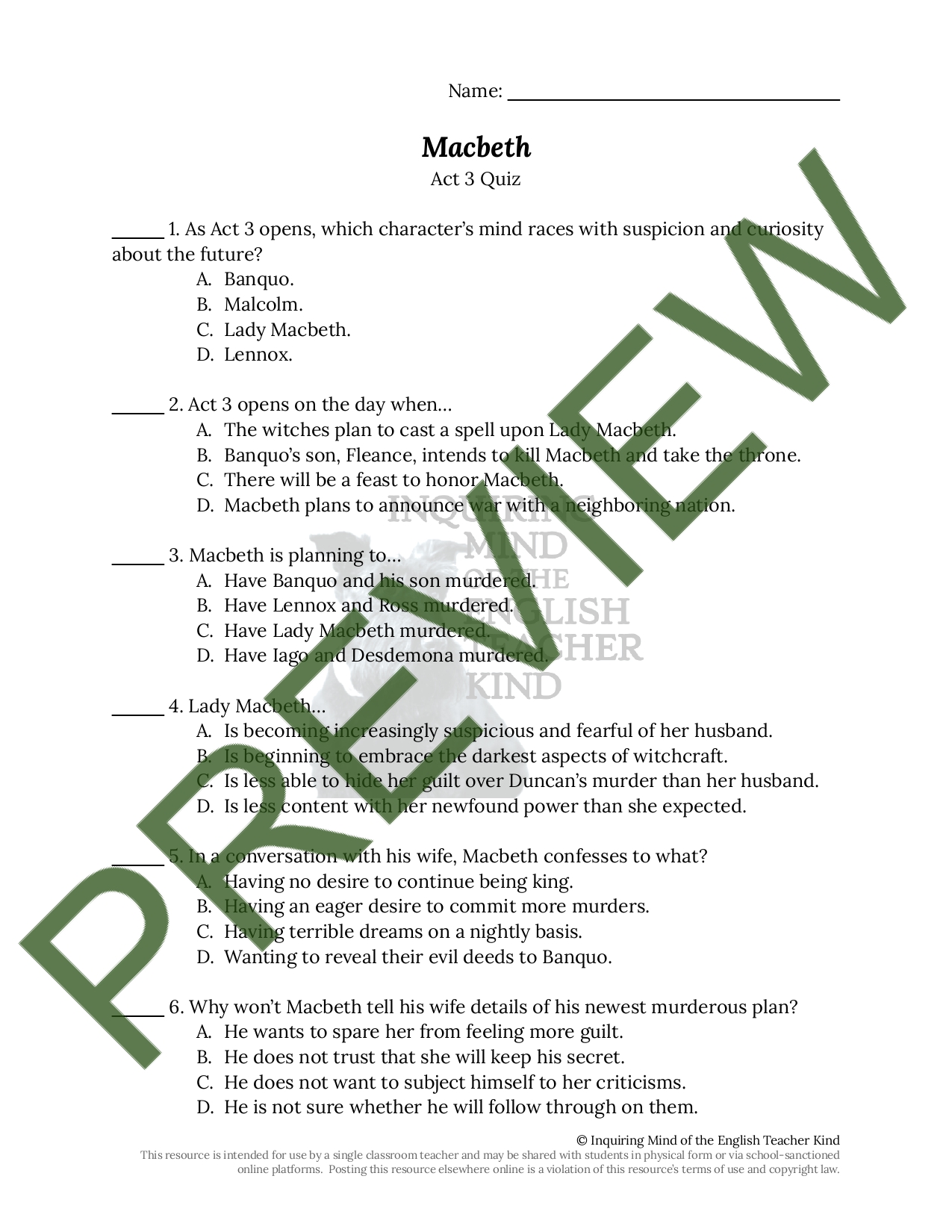 Macbeth Act 3 Quiz and Answer Key | Teaching Resources