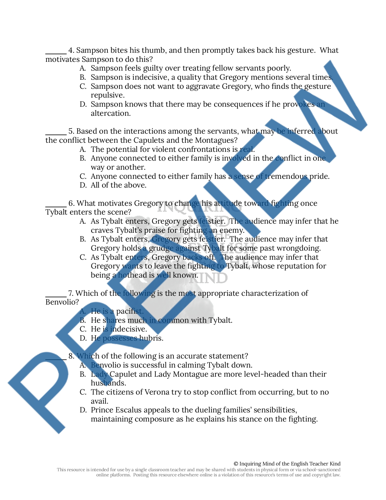 Romeo and Juliet Act 1 Scene 1 Close Reading Worksheet | Teaching Resources
