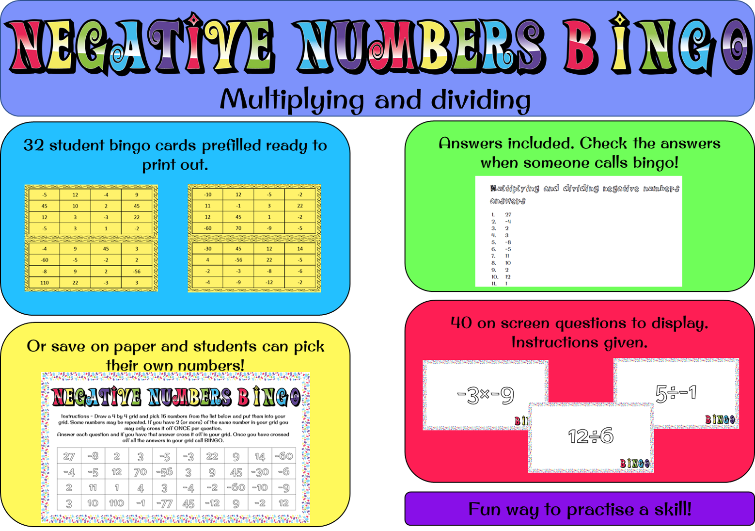 Multiplying And Dividing Negative Numbers BINGO Teaching Resources