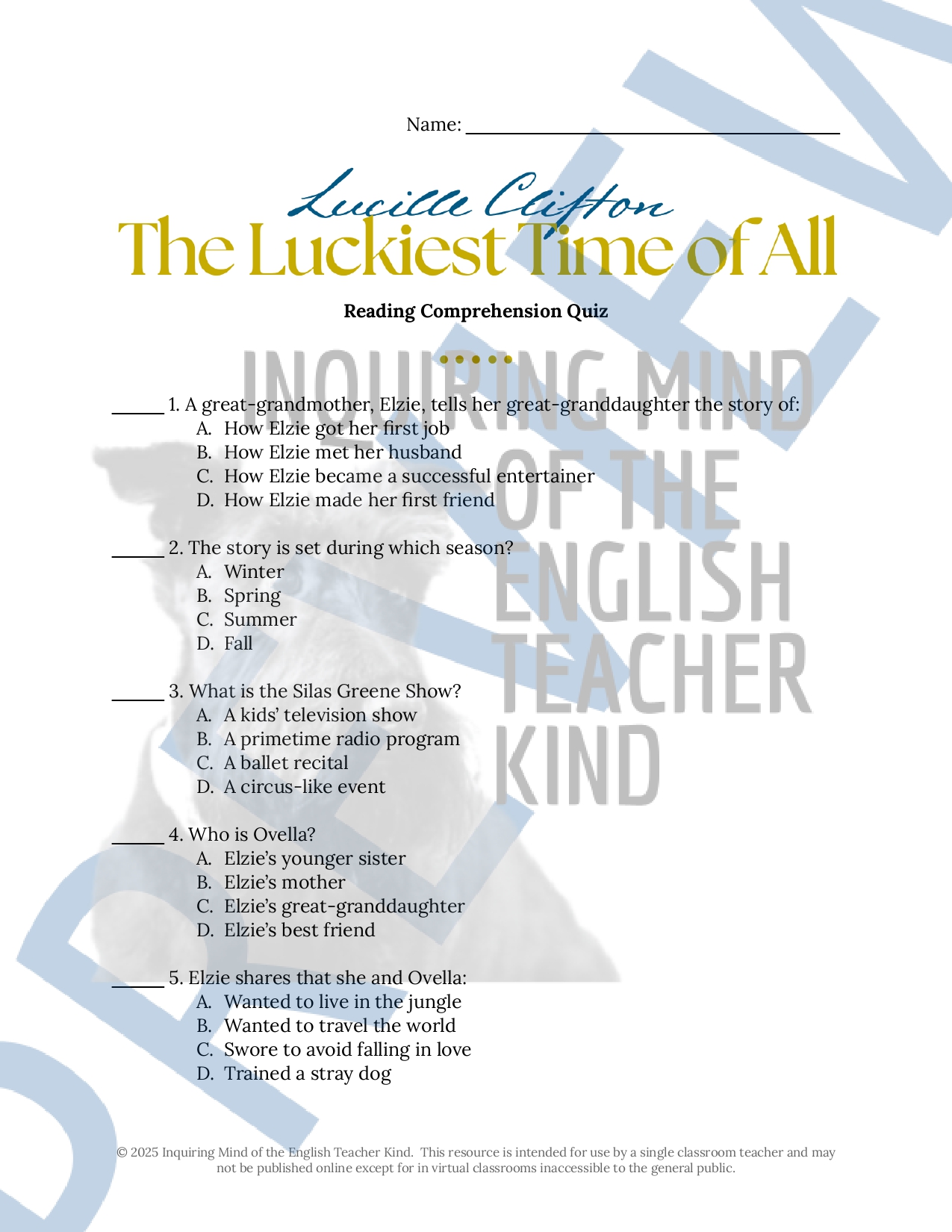 "The Luckiest Time of All" by Lucille Clifton Quiz and Answer Key ...