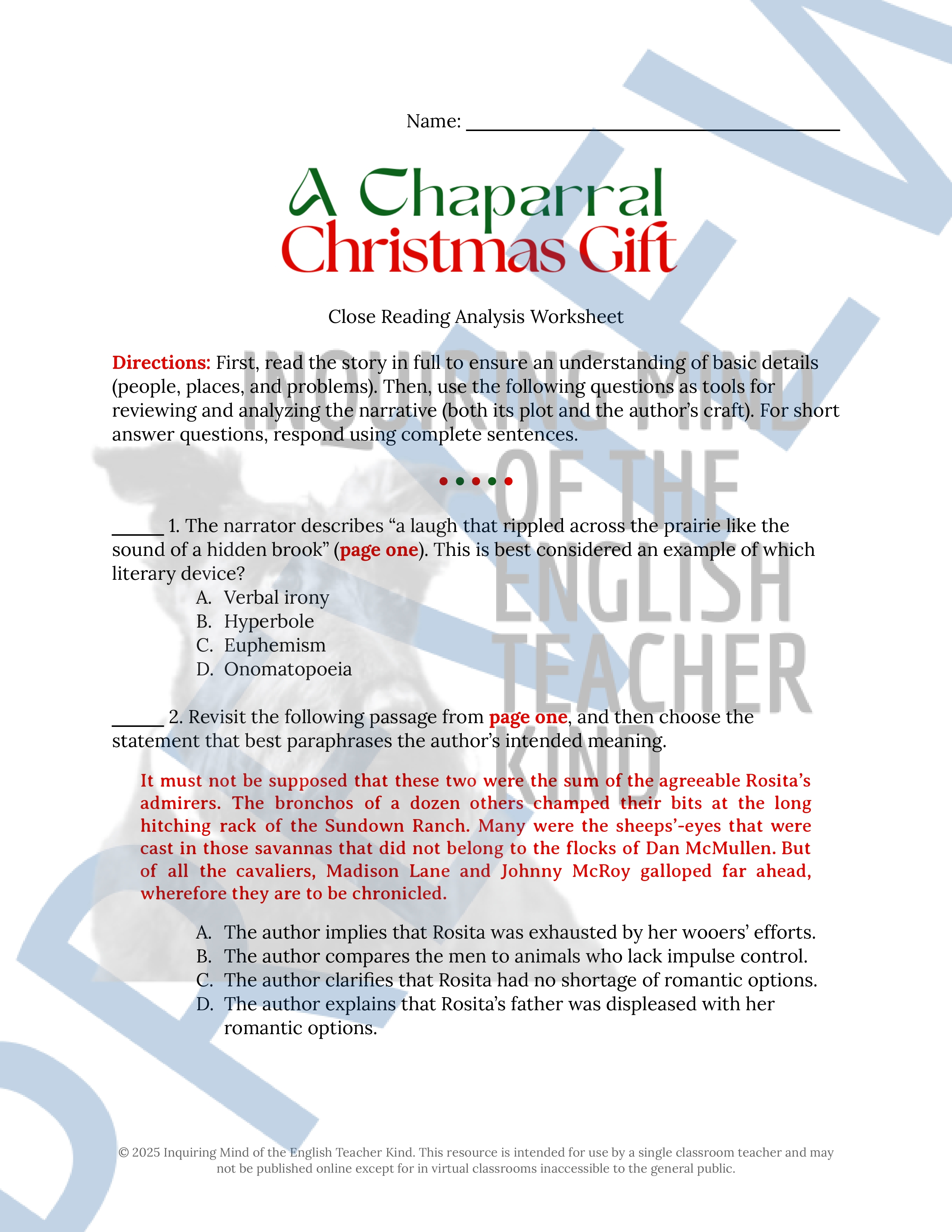 "A Chaparral Christmas Gift" by O. Henry Analysis Worksheet | Holiday ...